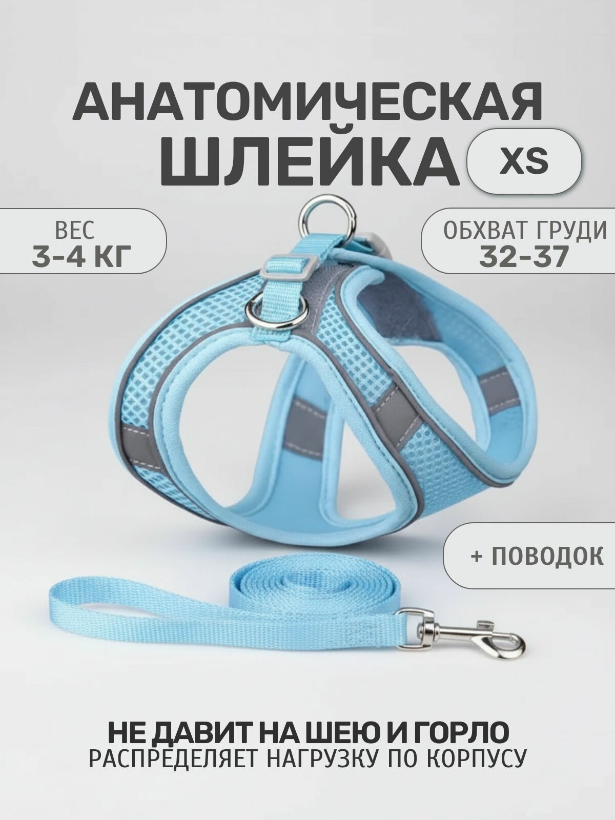 Шлейка для котят, кошек и собак мелких пород, обхват груди 32-37, дышащая со светоотражающими элементами, с поводком, голубой, размер XS
