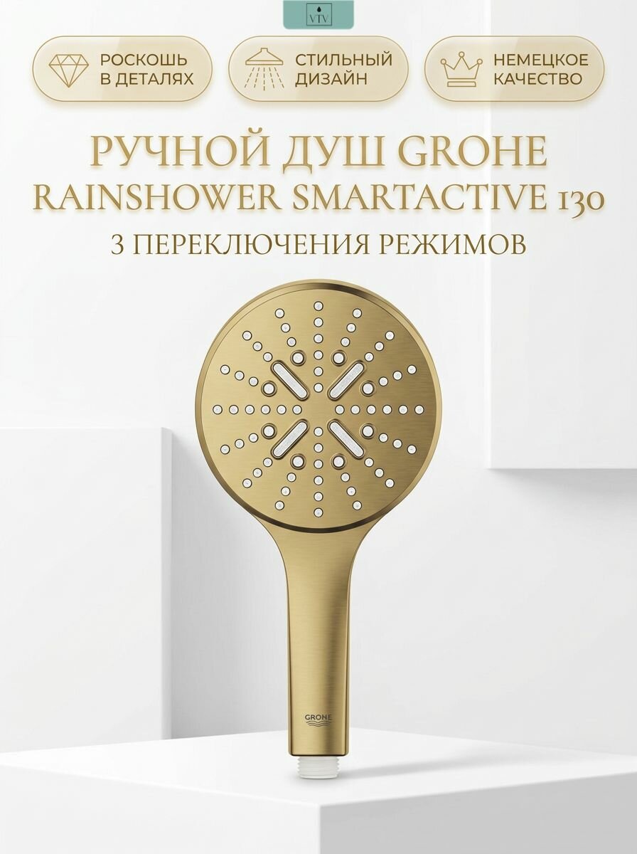 Ручной душ GROHE Rainshower SmartActive 130, 3 режима, холодный рассвет матовый (26574GN0)