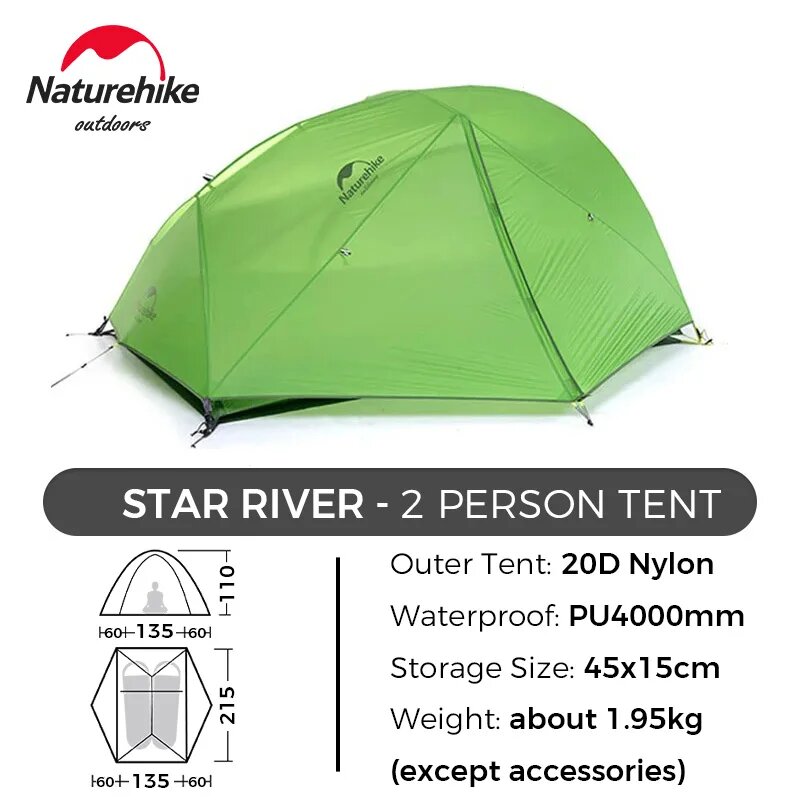 Палатка для трекинга Naturehike Star River на 2 человека, двуслойная, ультralегкая, для кемпинга, походов, отдыха на открытом воздухе, пляжа с матом-20D - Зеленая