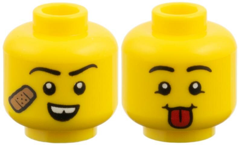 Деталь Lego 3626pb4062 Minifigure, Head Dual Sided, Black Eyebrows, Medium Nougat Bandage and Gap in Teeth / Red Tongue Pattern