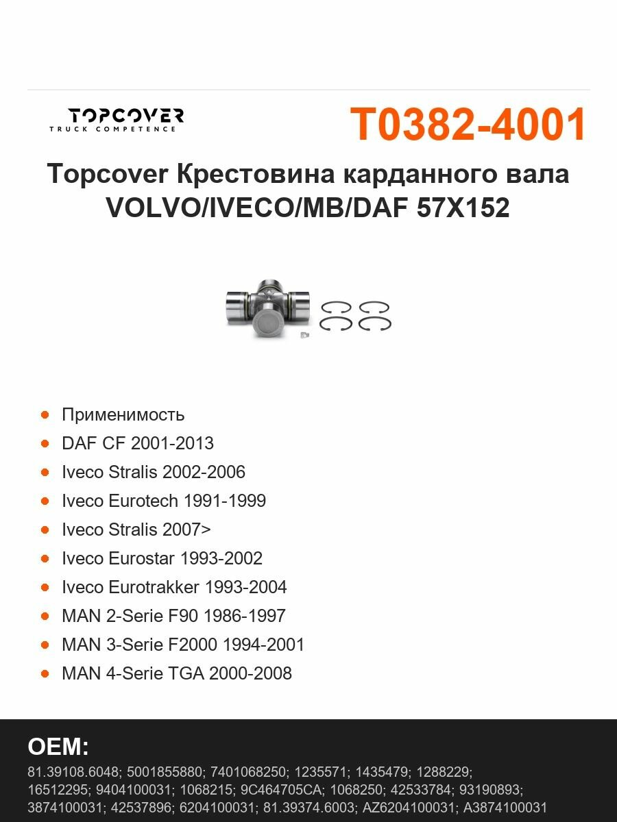 Topcover Крестовина карданного вала VOLVO/IVECO/MB/DAF 57X152
