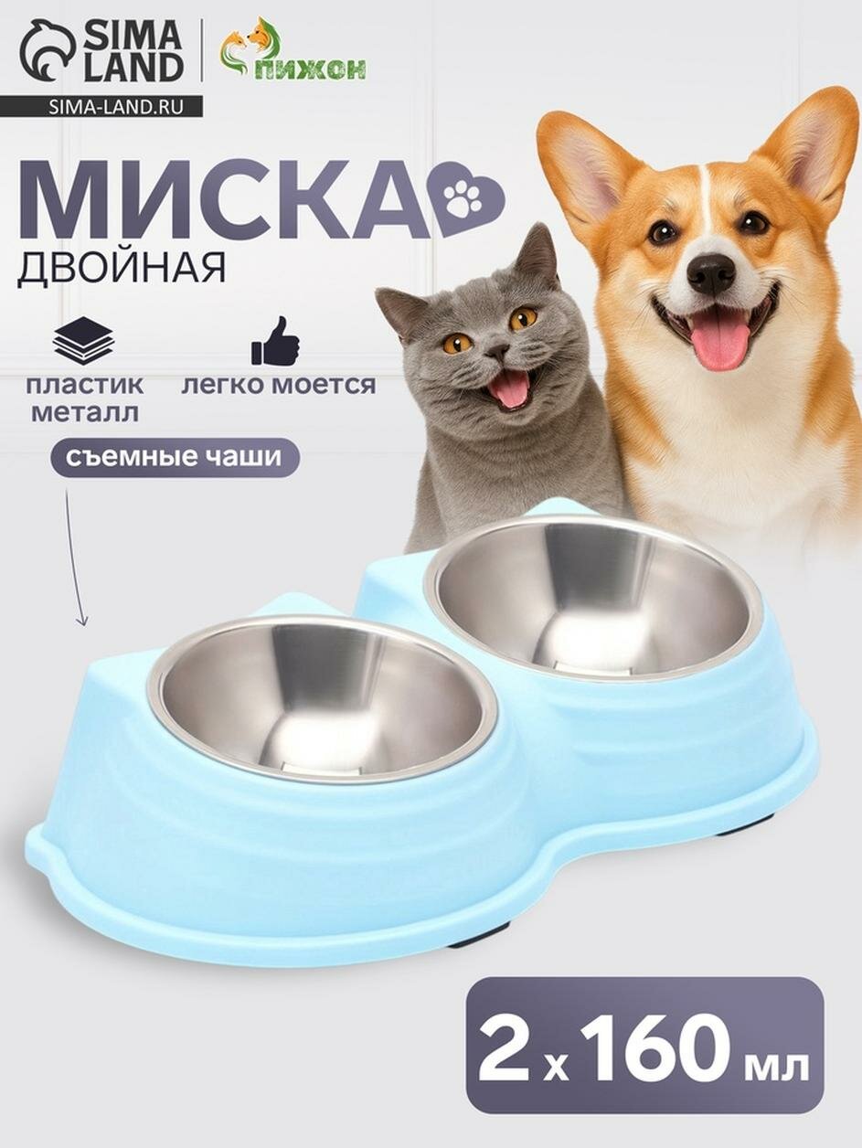 Миска двойная «Кисы», 28×16.3×7.3 см, на пластиковом основании, металл, голубая