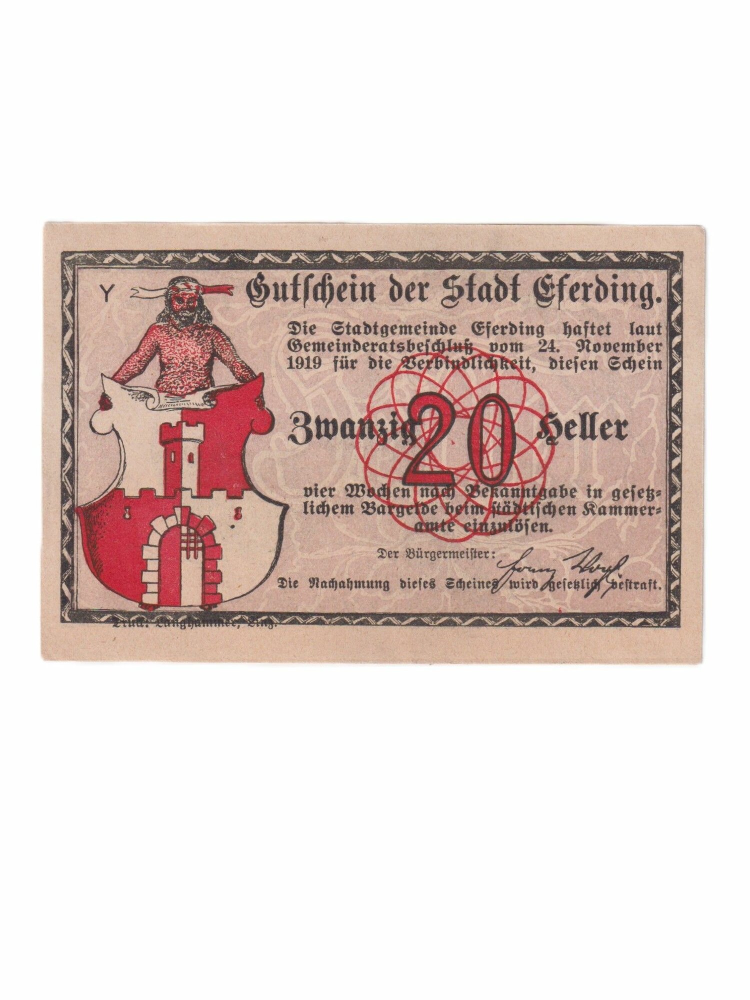 Подлинная банкнота (нотгельд) 20 геллеров 1919 года, Австрия город Эфердинг