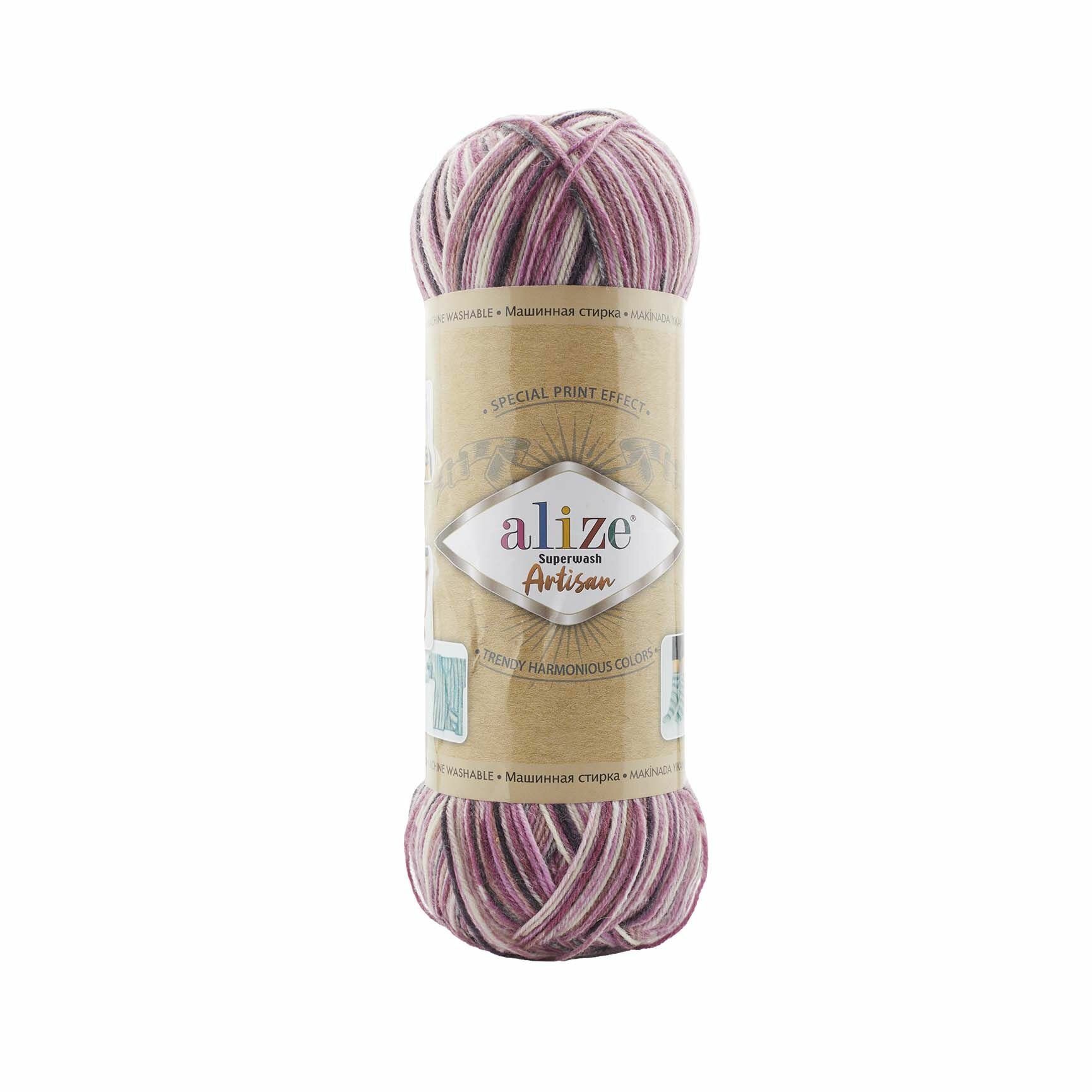Пряжа для вязания Superwash Artisan Alize 1 моток (420 м, 100 гр), цвет 9011 белый-сухая роза-серый