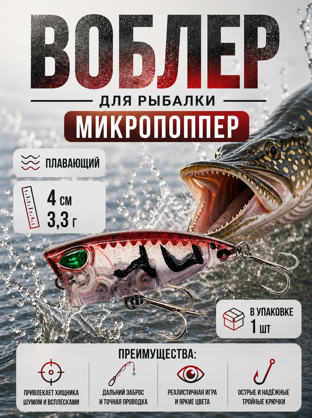 Воблер микропоппер, плавающая поверхностная приманка, с тройными крючками, 4 см/3,3 г , красно-черная