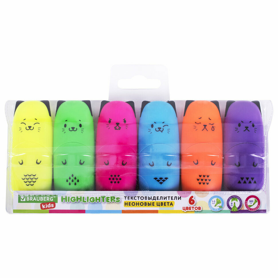 Набор текстовыделителей мини 6 цветов BRAUBERG KIDS "CUTE CATS NEON", линия 1-5 мм, 152435, 152435
