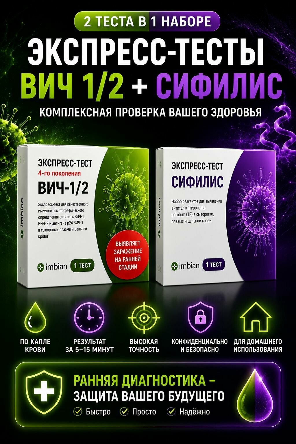 Набор экспресс тестов ВИЧ (1шт) +сифилис ( 1шт) по капиллярной крови из пальца, в черной пленке, анонимно