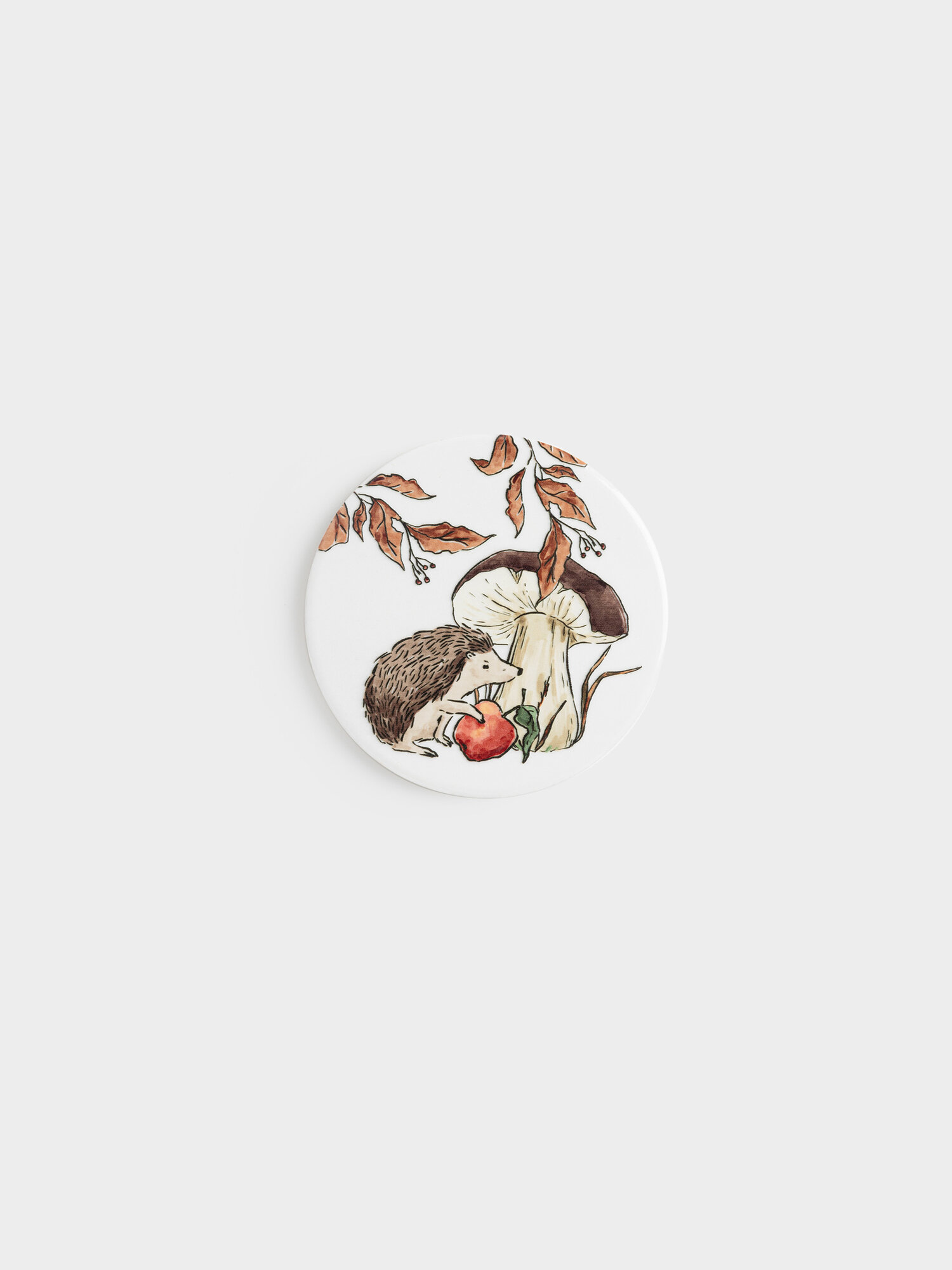 Подставка под кружку, 11 см, круглая, керамика D/пробка, белая, Еж и гриб, Forest hedgehog