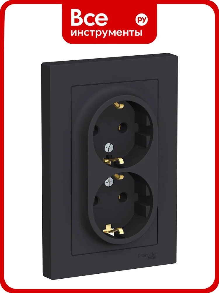 Розетка Systeme Electric AtlasDesign Карбон двойная встраиваемая силовая, антрацитовый карбоновый корпус из ABS‑пластика