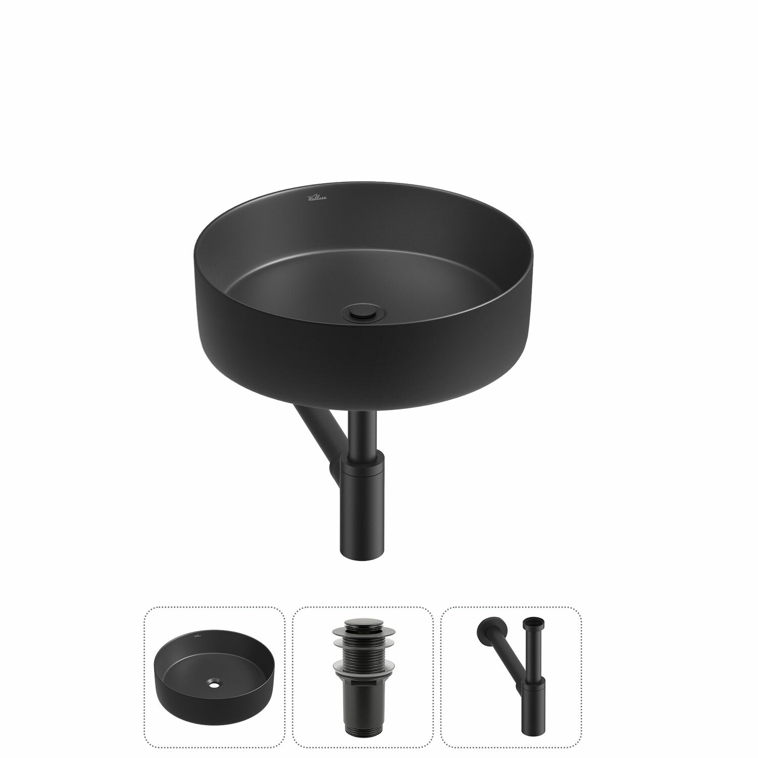 Маленькая раковина чаша для ванной Wellsee Coax 20213975R в наборе 3 в 1: накладная раковина 36 см (матовый черный), донный клапан, сифон (цвет набора матовый черный)