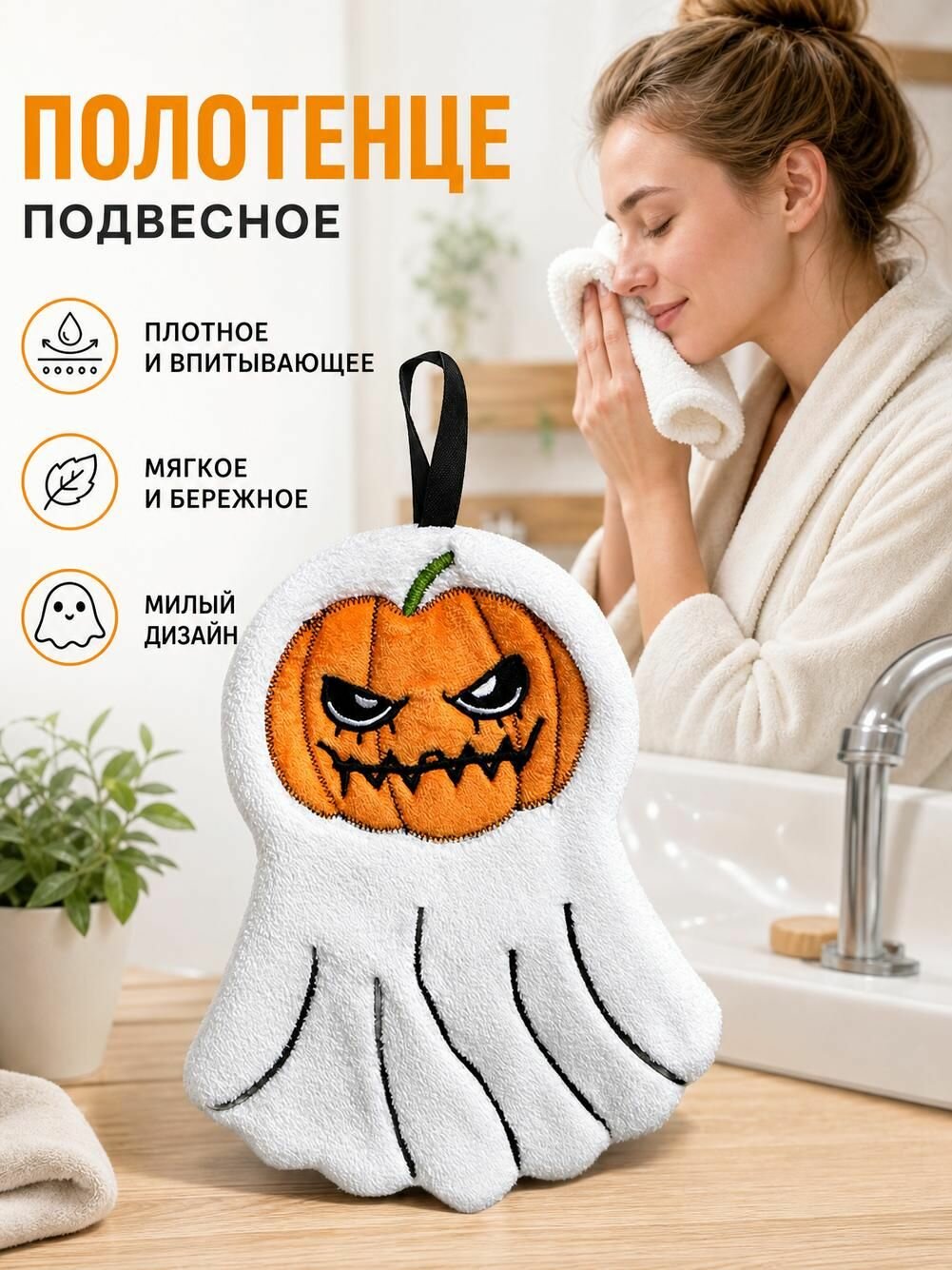Полотенце с вышитым привидением, 25x21 см, белое