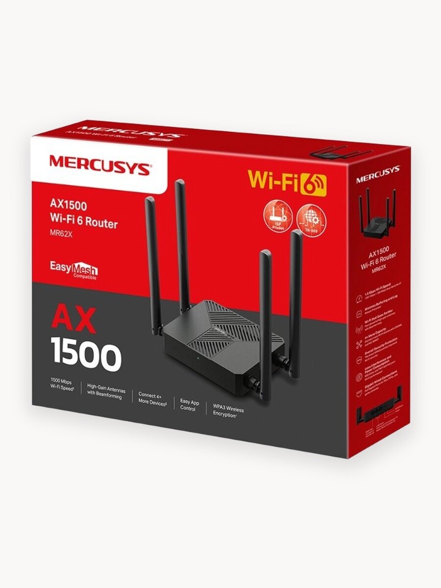 Роутер Mercusys MR62X, Dual-band, Wi-Fi 6, AX1500,300 Мбит/с 802.11ac 2,4 ГГц, 1201 Мбит/с 802.11ax 5 ГГц. , 1x 1Gb WAN, 2x 1Gb LAN ,4x 5dBi антенны, Mesh