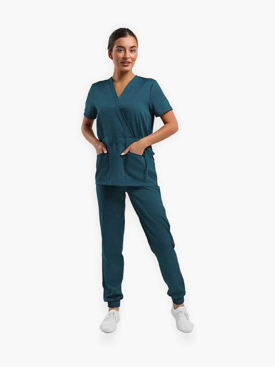 Медицинский костюм женский с брюками, темно-зеленый цвет, размер 40-42, стрейчткань