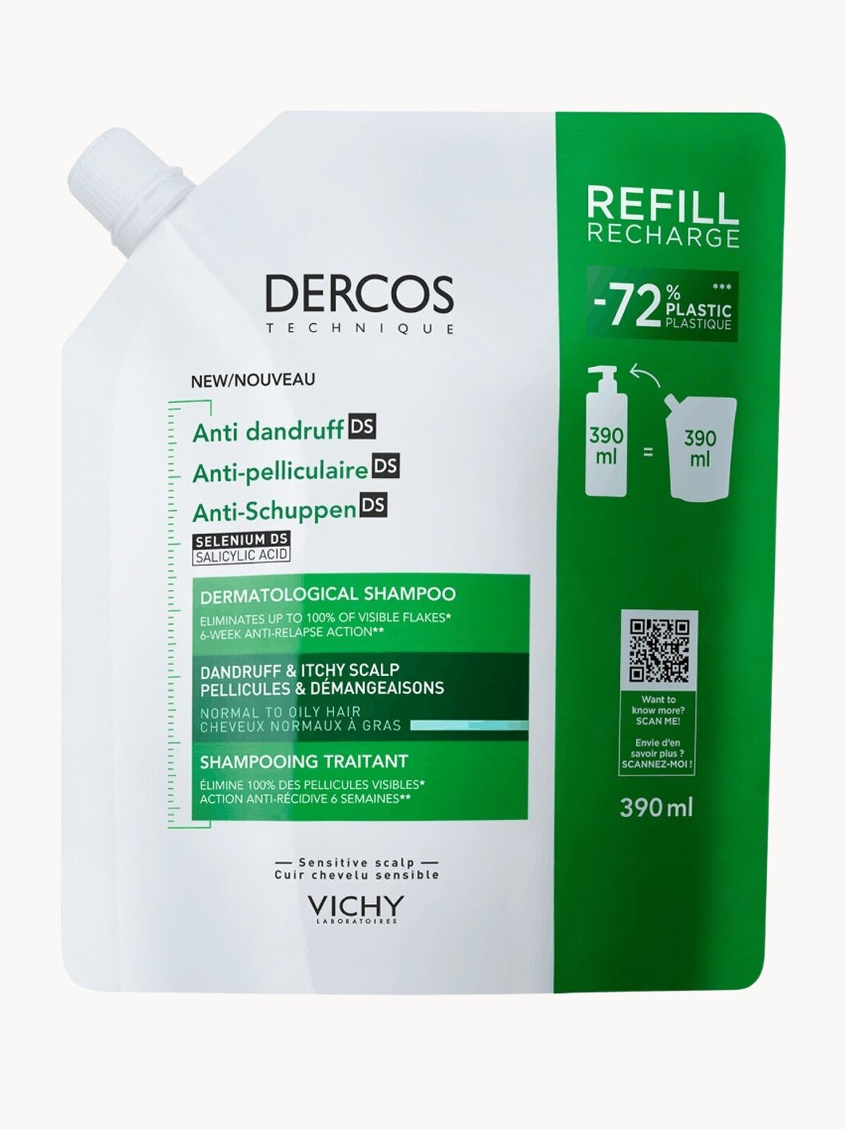 Шампунь-уход Vichy Dercos, против перхоти, для нормальных и жирных волос, рефил, 390мл