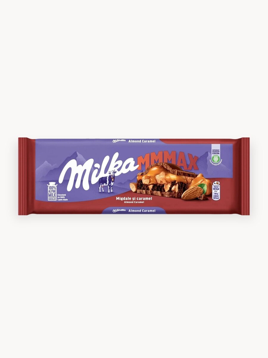Гигантская шоколадная плитка Milka MMMAX Almond Сaramel молочный шоколад с начинкой миндаль/карамель, 300 гр.(Швейцария)