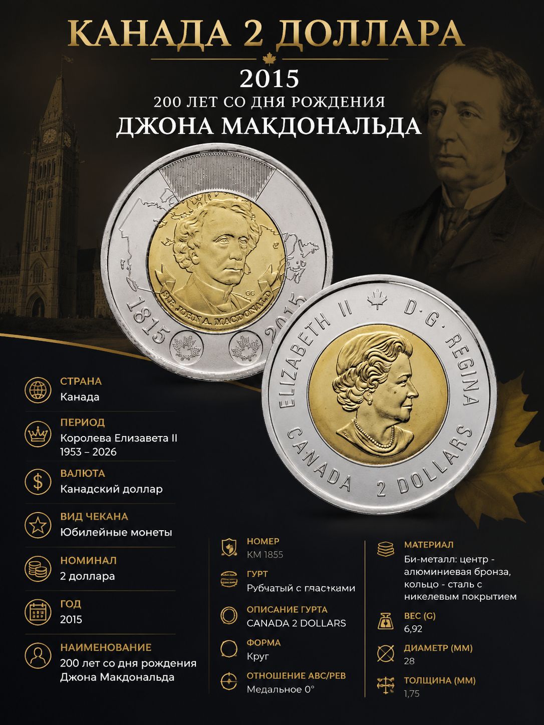Канада 2 доллара, 2015 Джон Макдональд UNC