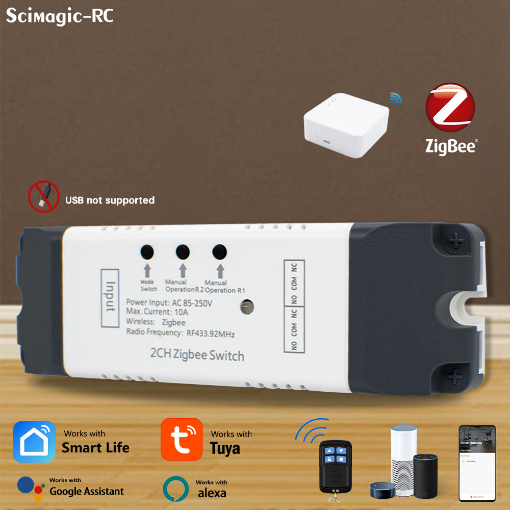 Умное реле Zigbee + RF, двухканальное, 220В, 10А, приемник с сухим контактом, в корпусе