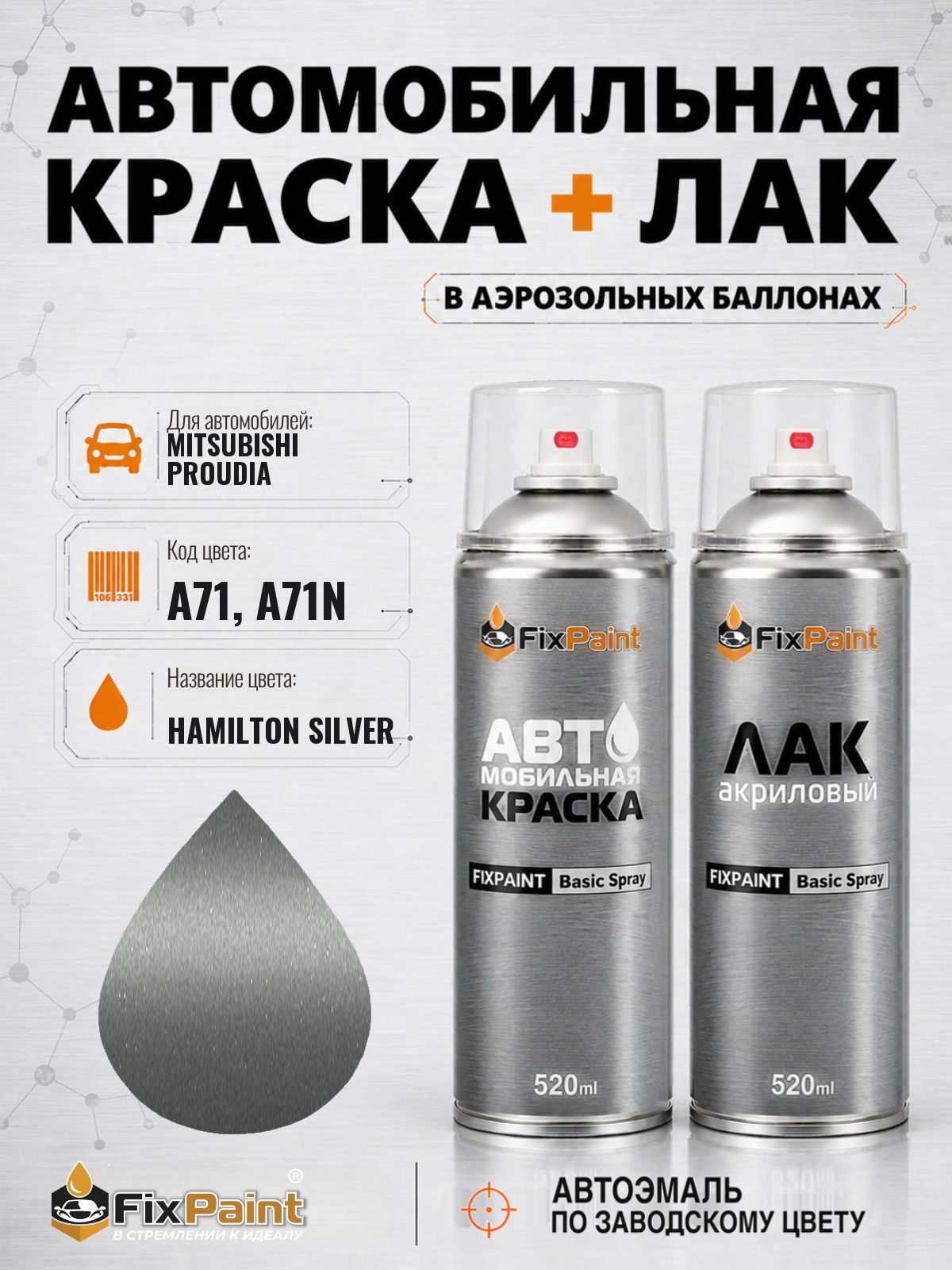 Краска и лак для MITSUBISHI PROUDIA, код A71, A71N, HAMILTON SILVER, автомобильная эмаль базовая и акриловый глянцевый лак FixPaint в аэрозольных баллонах 520 мл