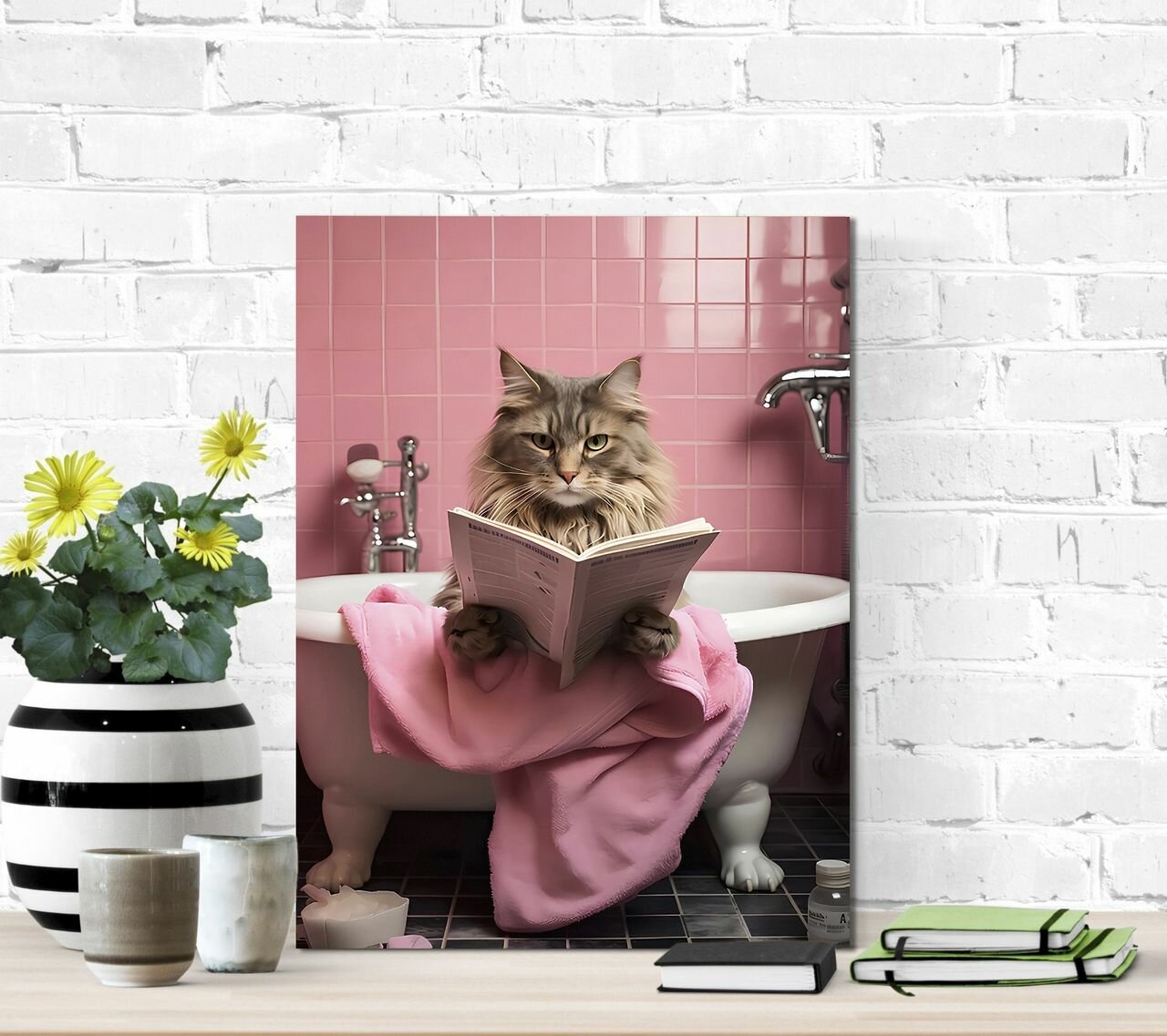 Картина на стену для интерьера - "Кот читает газету в ванне. Животные в туалете и ванной комнате" , 20х30 см.