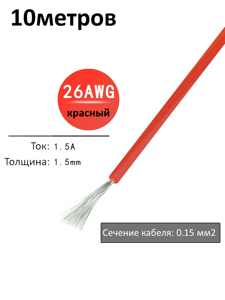Провод электрический 26AWG, 0.15 кв. мм красный многожильный 10м.