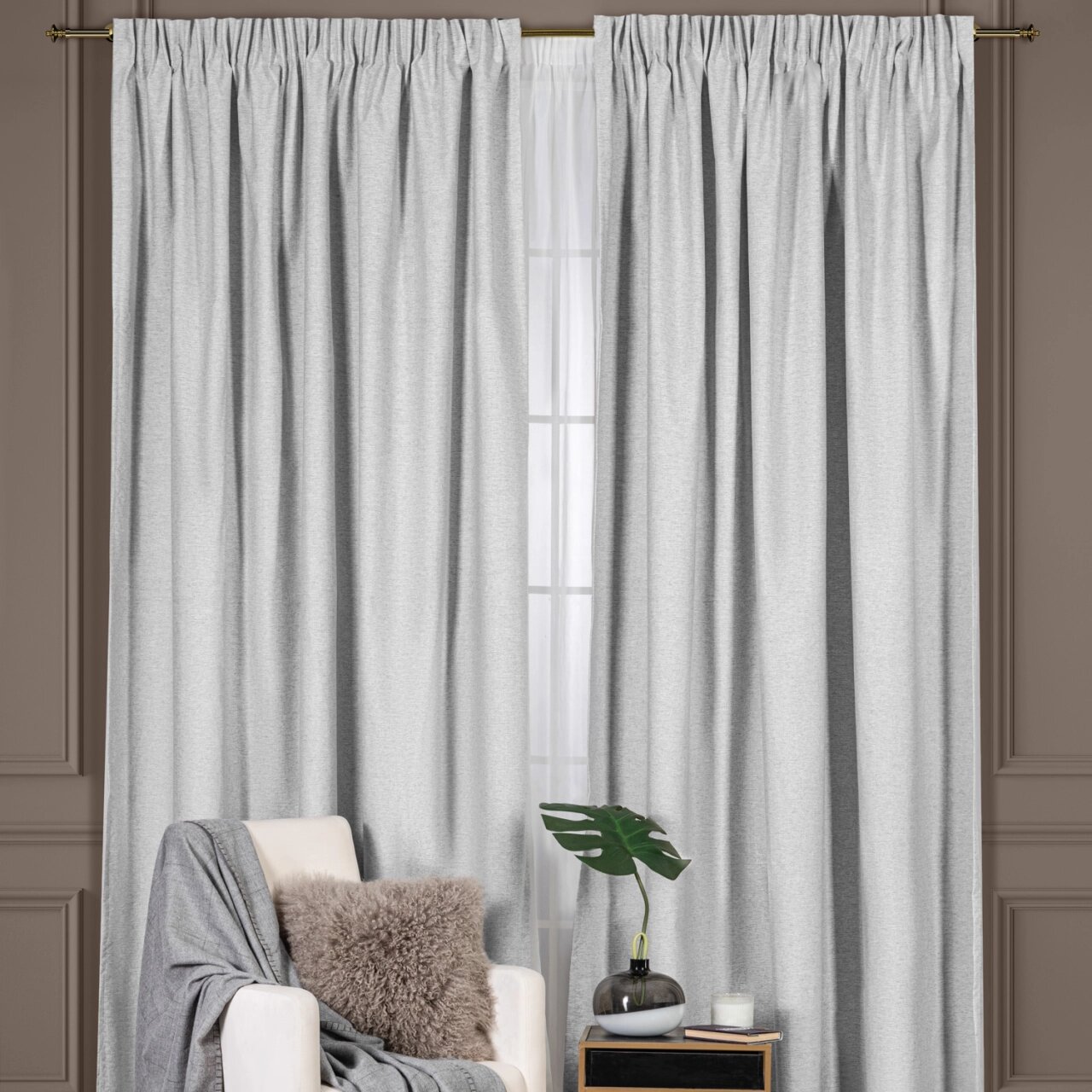 Моник портьера 200x270 см серый 100% полиэстер на шторной ленте плотная ткань