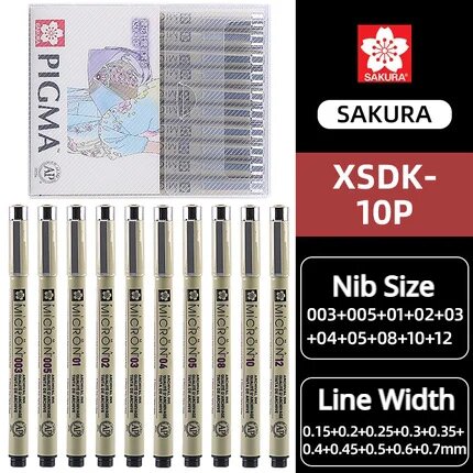 Ручки SAKURA Pigma Micron Fineliner, черные, набор из 10 штук