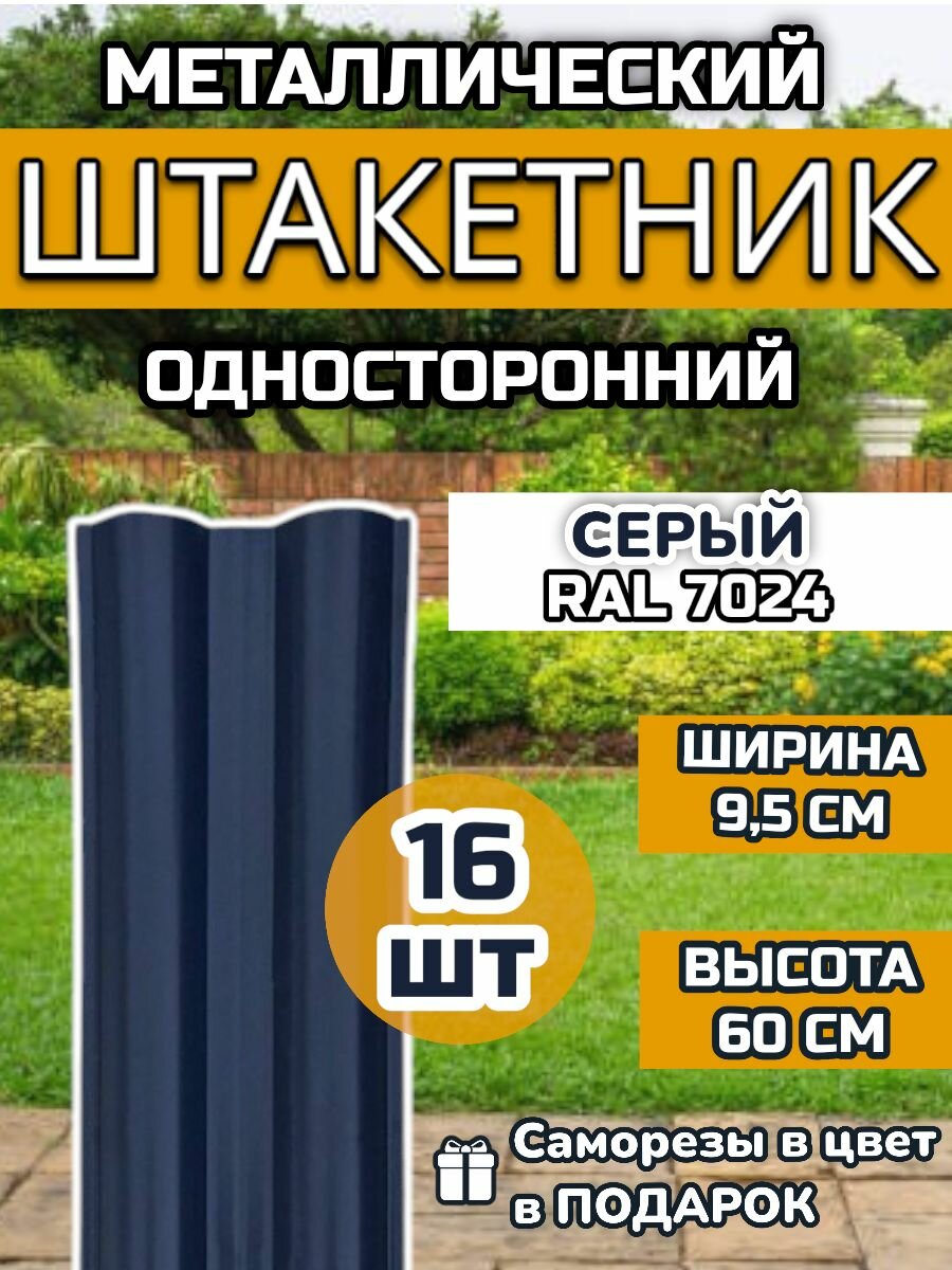 Штакетник металлический прямой (штакет, евроштакетник) 16 шт.(крепеж в комплекте)Односторонний окрас, цвет RAL 7024 Серый, высота 0.60 м, ширина планки 95мм) Забор