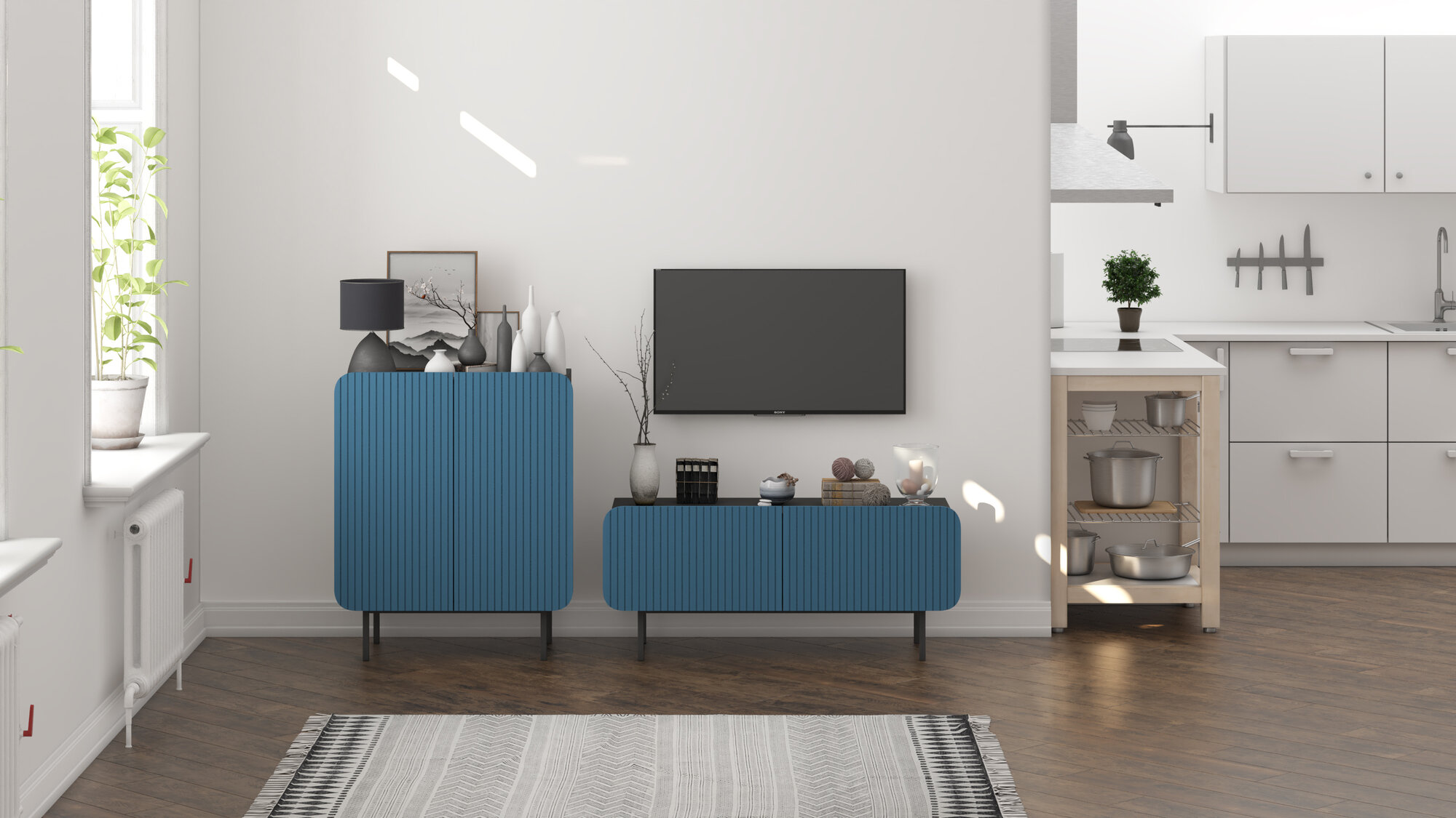 Стенка в гостиную "Модерн Лофт" 120х97,5х40 Черный / Аквамарин