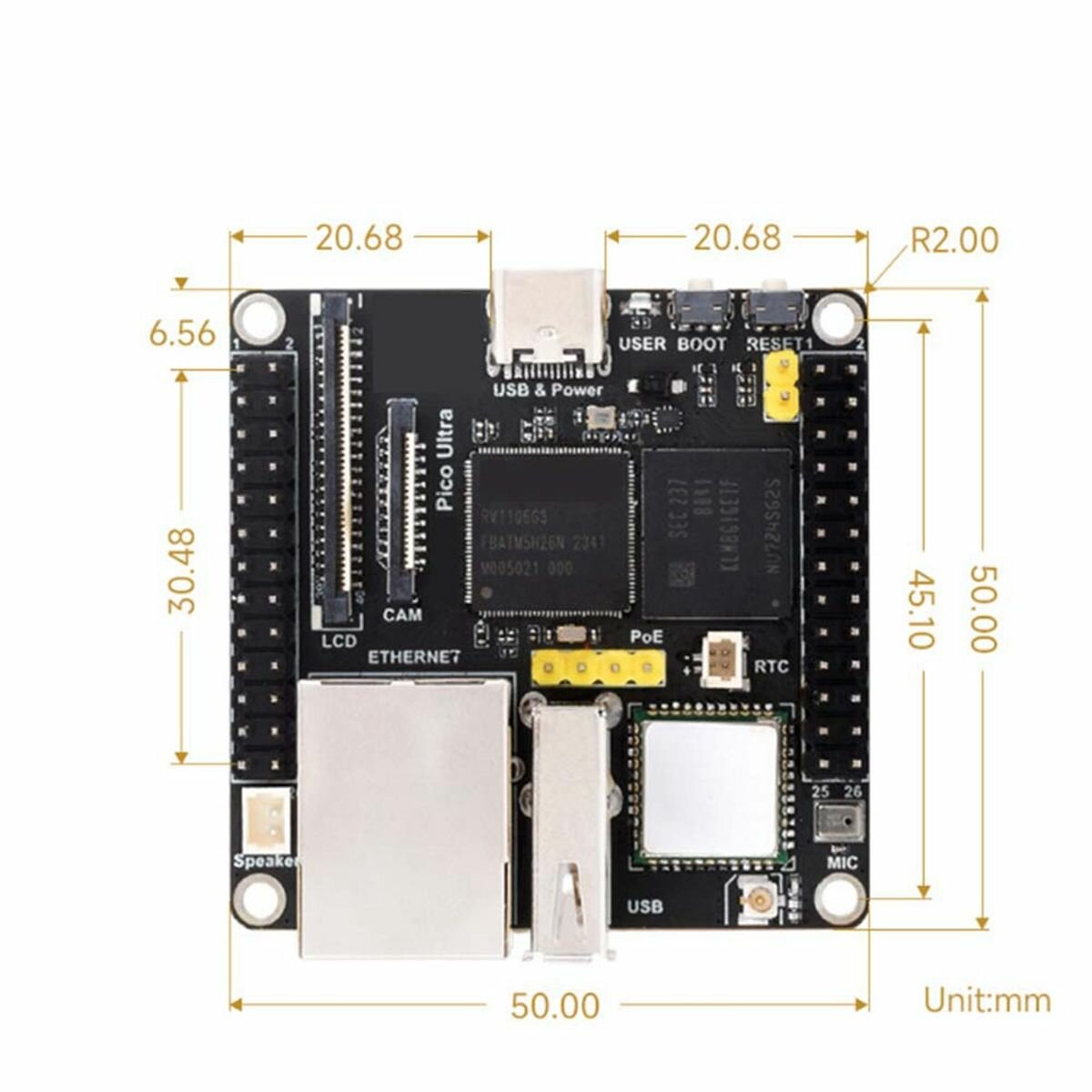 Для платы разработки Ultra WiFi RV1106 RISC-V Linux WiFi6+BT5.2 8G EMMC поддерживает питание PoE Ethernet