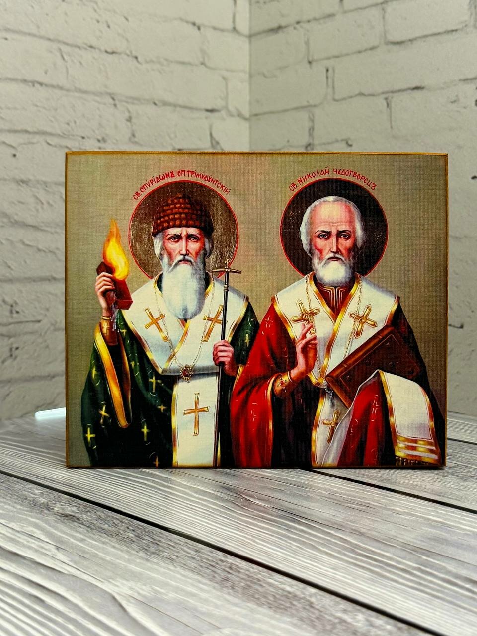 Икона Николай и Спиридон, под старину, 15х19 см