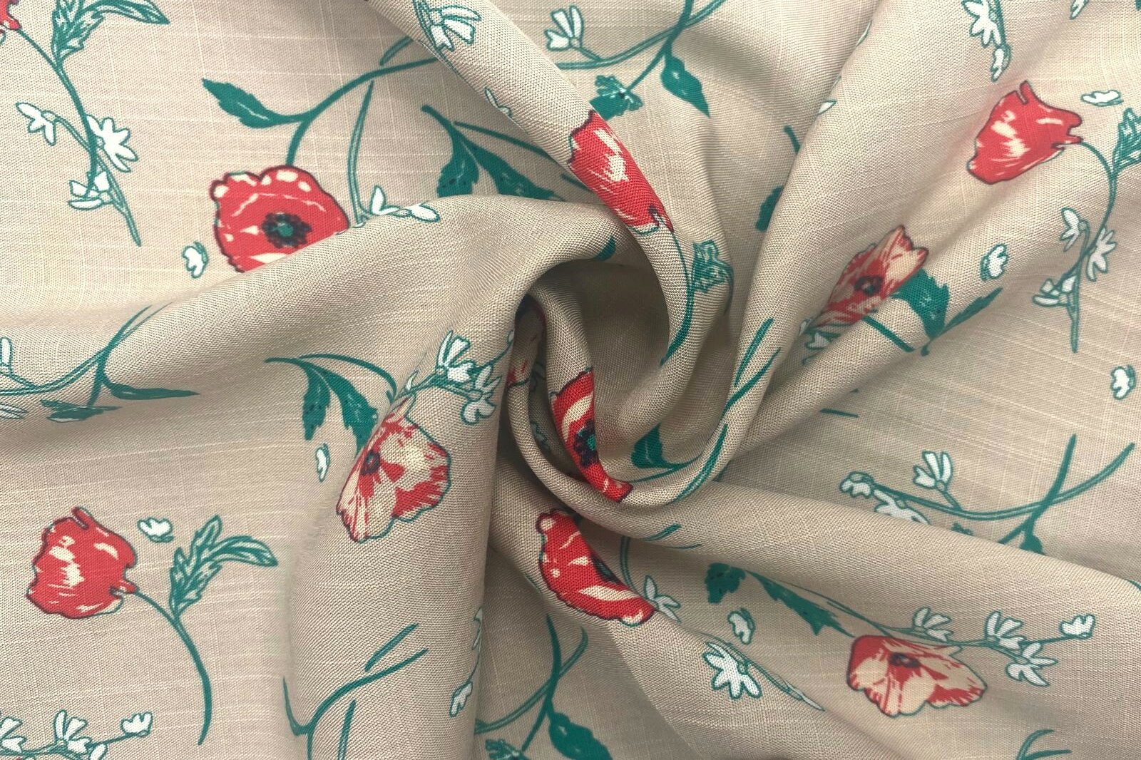 Ткань Вискоза плательная стрейч с красными маками на бежевом фоне, 200 г/пм, ш145см, 0,5 м