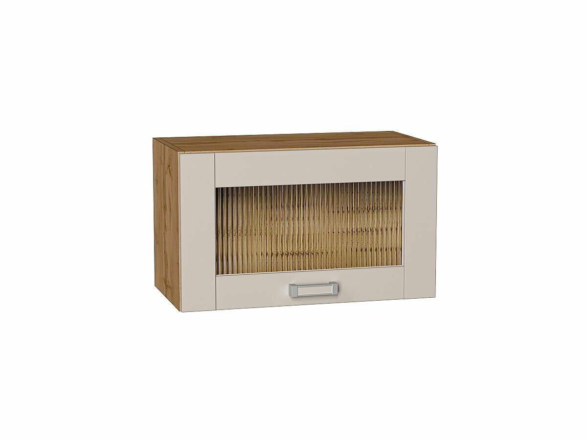 Шкаф верхний горизонтальный остекленный Лофт, цвет фасада Cream Silk, цвет каркаса Дуб Вотан, стекло Magic Moru V, 358*600*320 мм