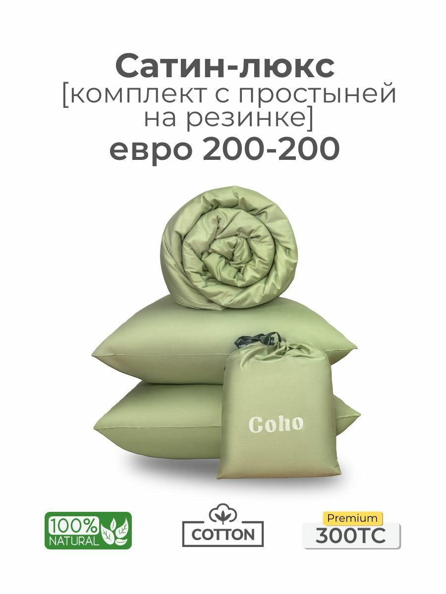 Комплект постельного белья, евро, 50x70, 200х200, на резинке, сатин люкс, светло-зеленый