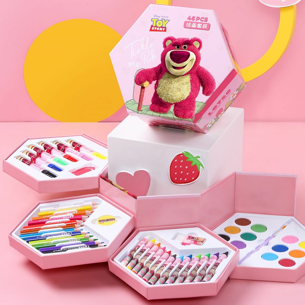 Набор для рисования Strawberry Bear из 46 предметов, акварель + мелки + цветные карандаши! Легко чистится, подарок