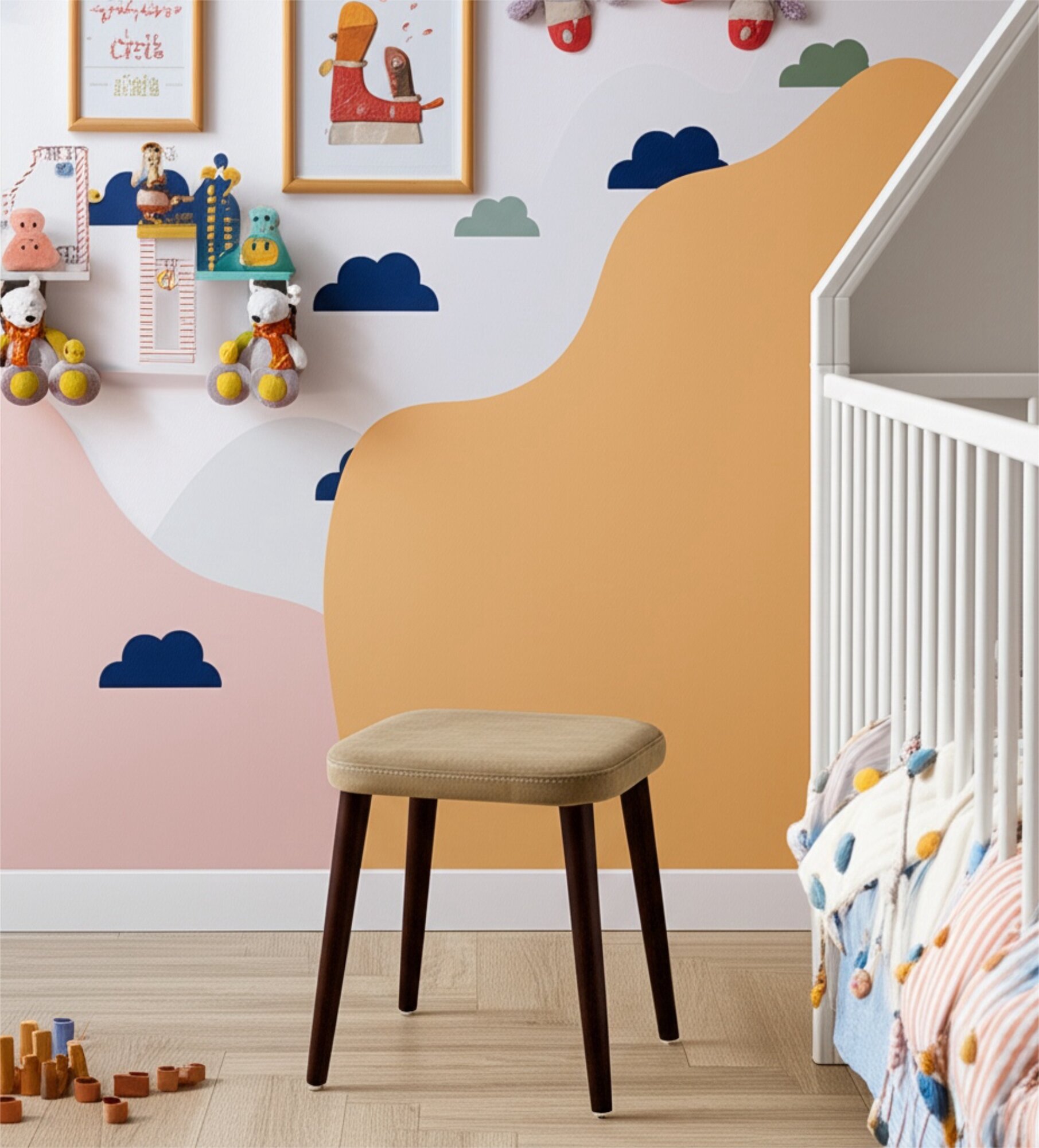 Табурет детский мягкий маленький бежевый, коричневые деревянные ножки рост ребенка 100-120 см