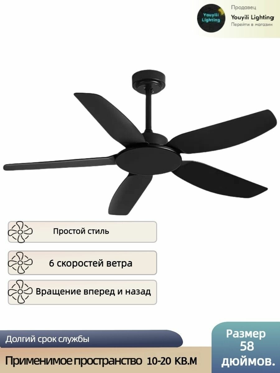 Вентилятор потолочный, арт-декор, 4 скорости, пульт управления, чёрный, матовый