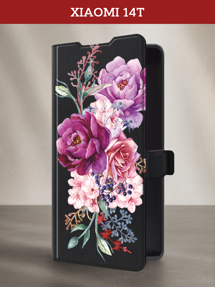 Чехол-книжка на Xiaomi 14T / Сяоми 14Т с принтом Пурпурные бутоны, черный