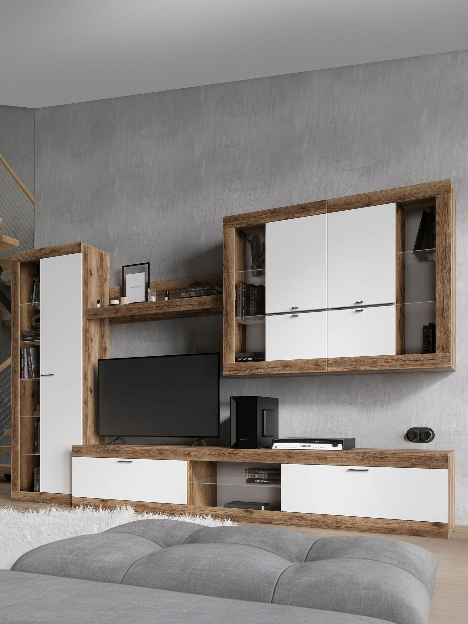 Гостиная комплект Прага Макси, ТВ-тумба, шкаф-витрина, настенная полка, 318.8х42.6 см, Дуб Делано / Белый гладкий Без подсветки