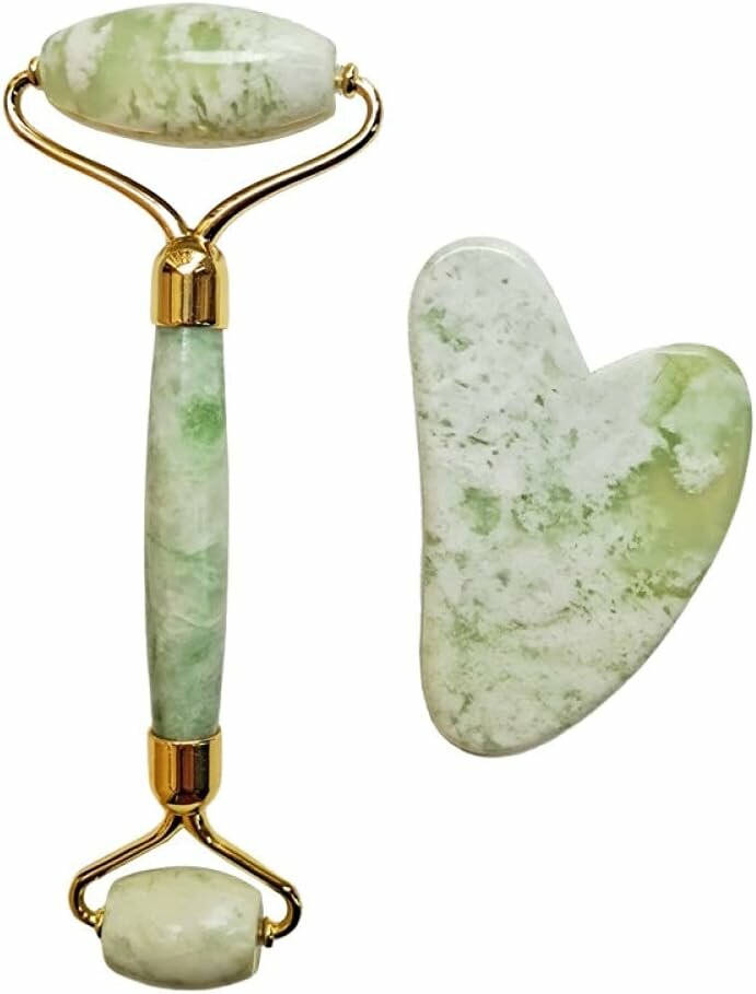 Новейший инструмент для лица Гуаша из натурального нефрита, нефритовый ролик Гуаша для ухода за кожей лица, спа-терапия, акупунктура, точечное лечение, скребковый массажный инструмент Гуаша（2 шт.）