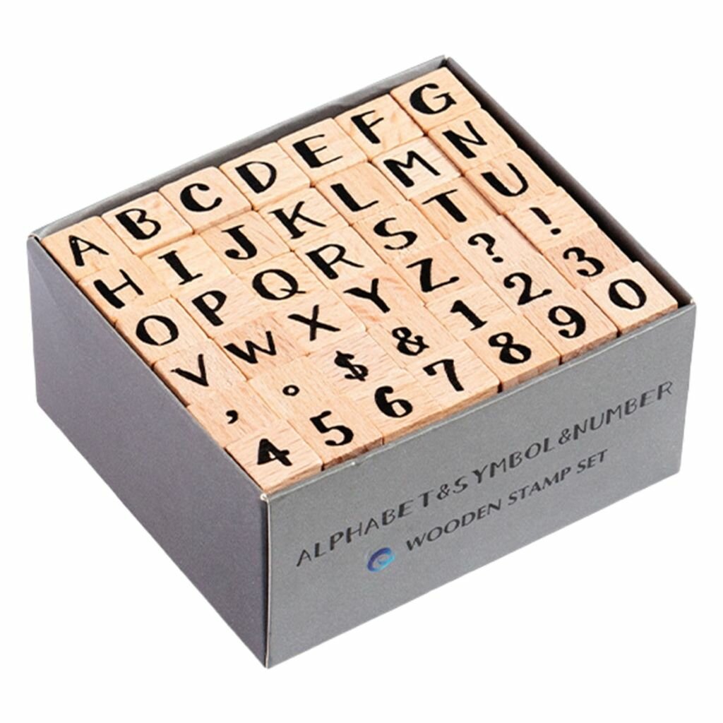 Игрушечный набор из 42 деревянных печатей - рукописные буквы, символы и цифры