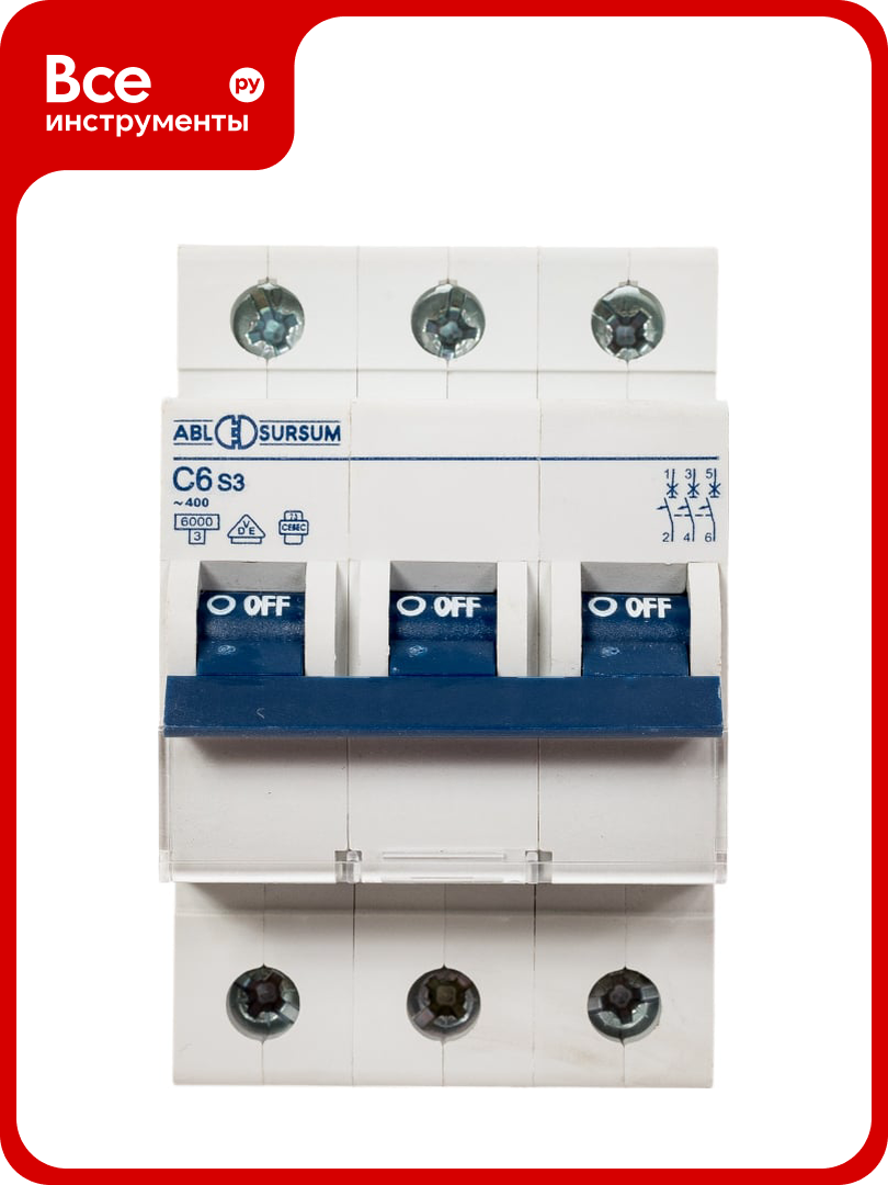 Автоматический, ABL, выключатель ABL 3P, C, 6 A, 6 кА, 230/400 В AC, серия S C6S3