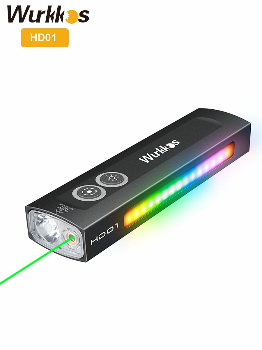 HD01 Многофункциональный фонарик 1200 лм с зеленым светом, белым светом, 90CRI, боковыми RGB-подсветками