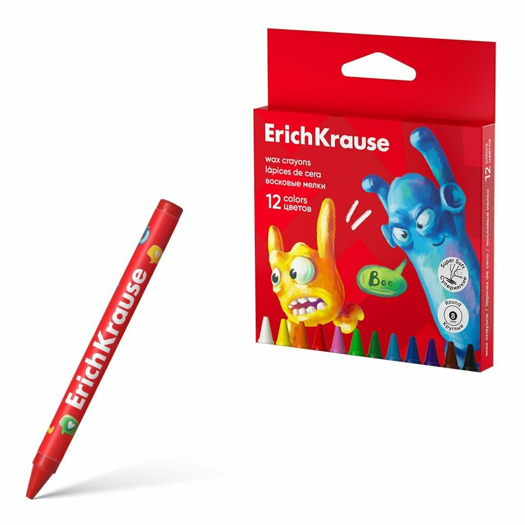 Мелки восковые Erich Krause 12 цветов, круглые, мягкие, 8 мм