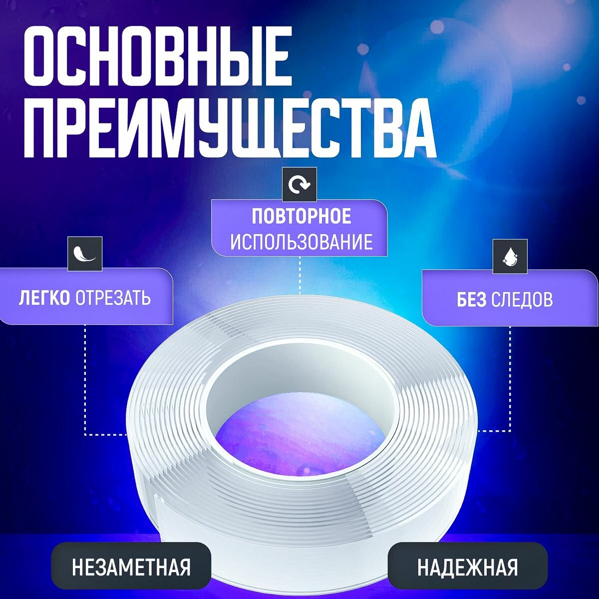 Двухсторонний скотч крепкий для авто, Клейкая лента 5 метров. Двусторонний нано скотч, прозрачный