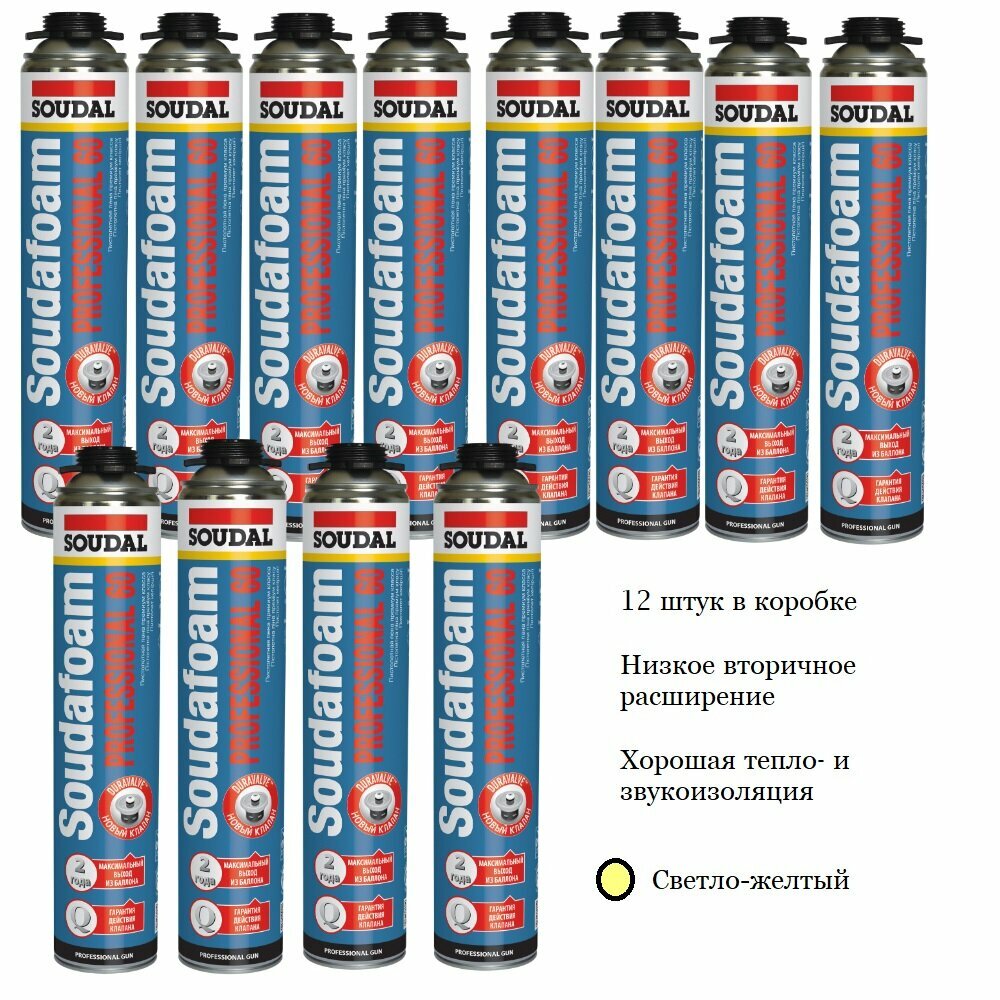 Soudal Soudafoam Professional 60 профессиональная пистолетная пена, коробка 12 шт по 750 мл.