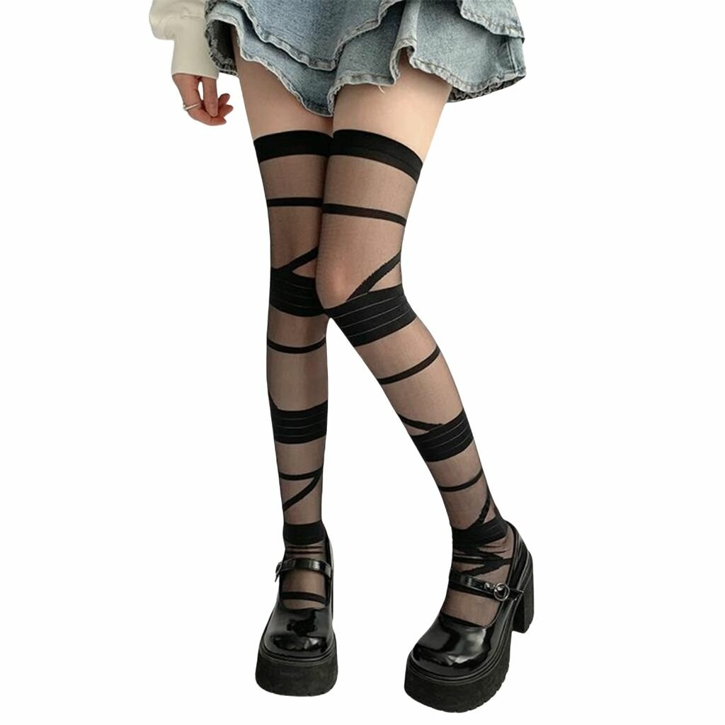 Черные рваные чулки в поперечную полоску, облегающий комбинезон, носки на ремешках-черный