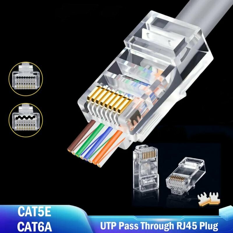 Разъем RJ45 Cat5e Cat6A, сквозной сетевой разъем, неэкранированный модульный разъем 8P8C для кабелей Ethernet