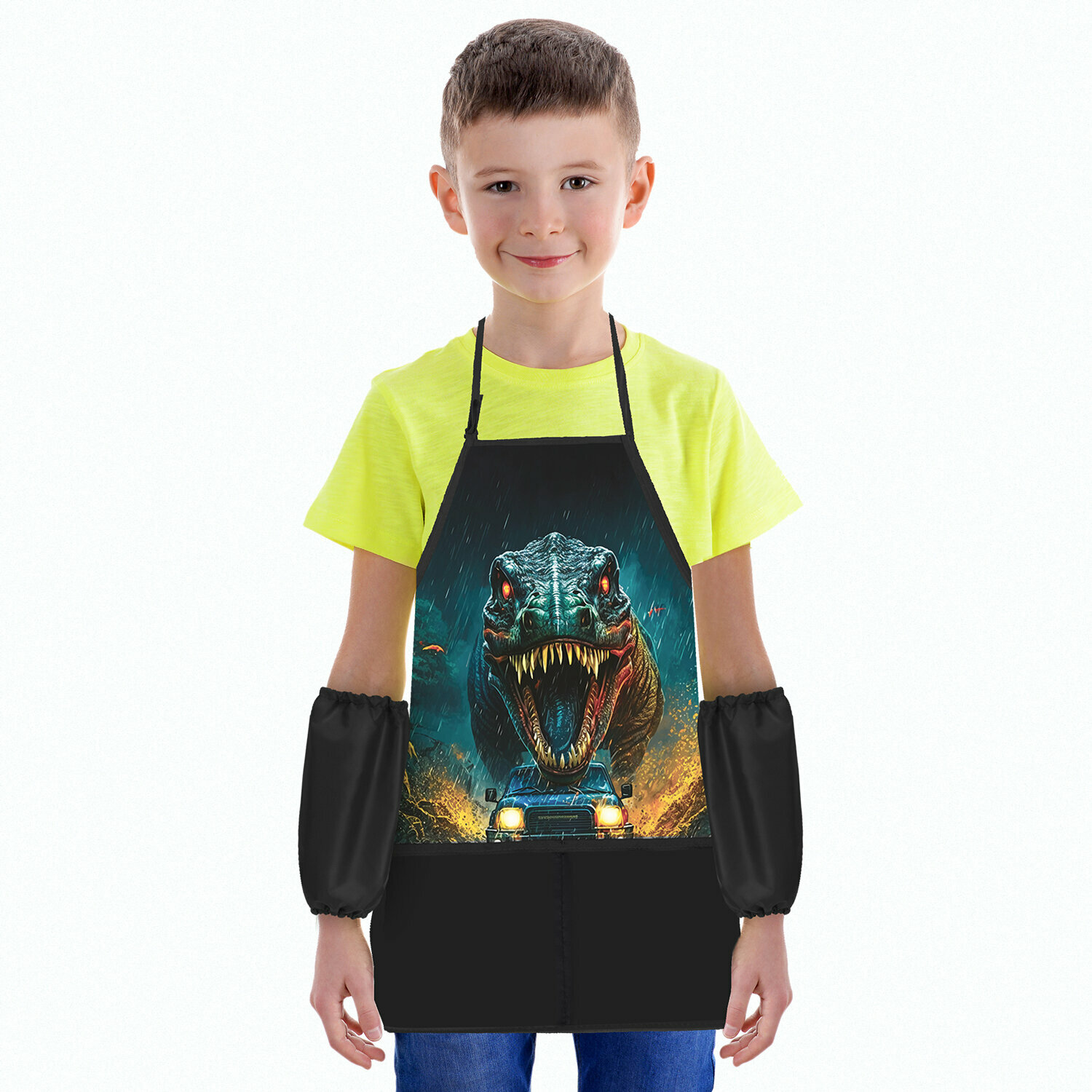 Упаковка 4 шт. Фартук с нарукавниками для уроков труда BRAUBERG KIDS, 2 кармана, регулировка по росту, 46x54 см, "Dino chase", 273760