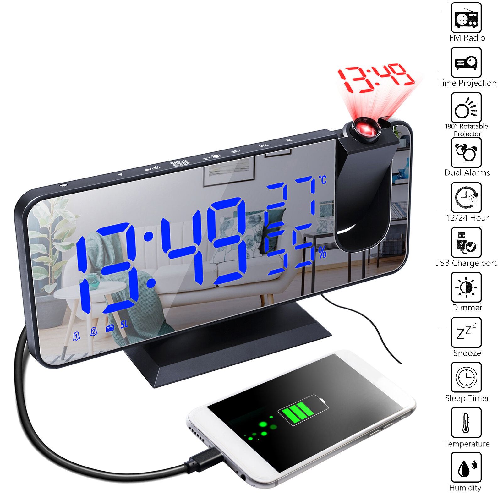 Цифровой проекционный будильник с зеркальной поверхностью 4-в-1 180-градусные часы-проектор Монитор температуры и влажности в помещении FM-радио Зарядное устройство для телефона Светодиодный дисплей ℃/℉ по выбору для спальни Детская комната Гостиная Офис
