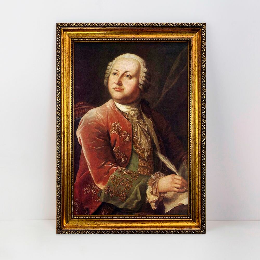 Портрет Ломоносова М. В. на холсте в багетной рамке под золото / А-4 (21x30 см.)